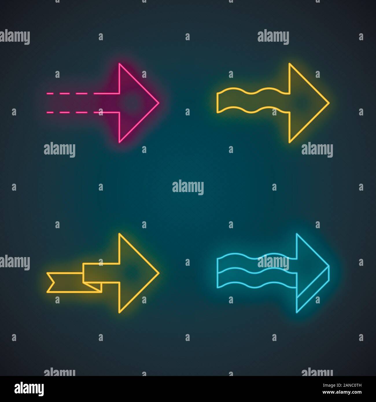 Forward arrows neon light icons set. Dotted, wavy, folding, next arrows ...