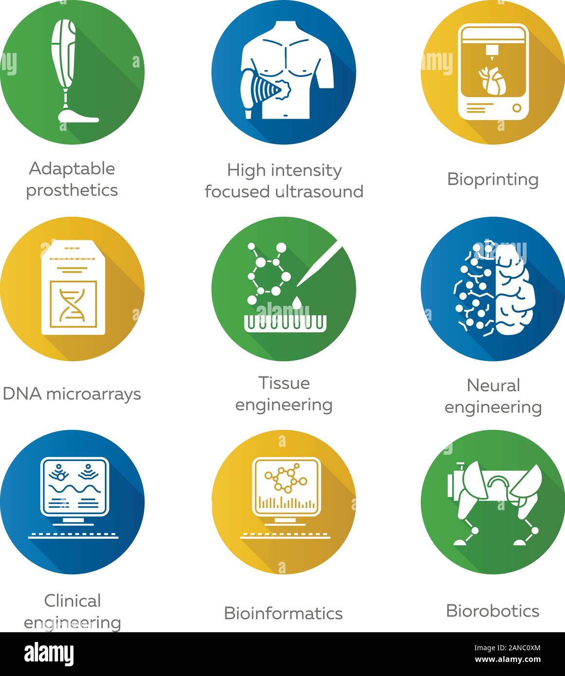 Bioengineering flat design long shadow glyph icons set. Biotechnology ...