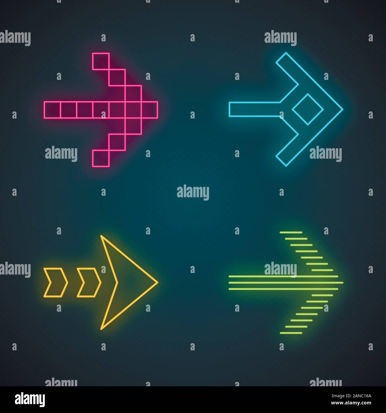Arrow types neon light icons set. Pixel, shaped, dashed, striped next ... Arrow types neon light icons set. Pixel, shaped, dashed, striped next ...