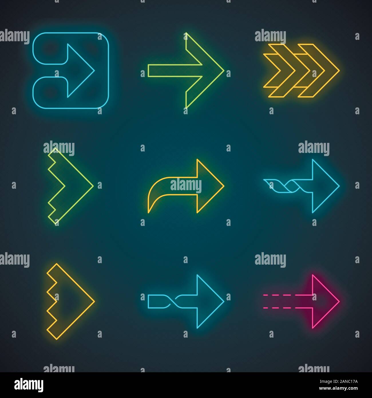 Right arrows neon light icons set. Forward, curved, dotted, twisted next, forward arrows. Marker ...