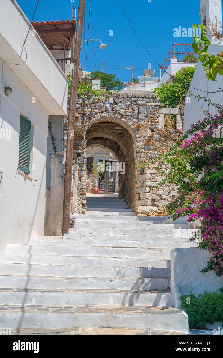 Greek Island hillside village scene in Filoti steps leading up to and ...