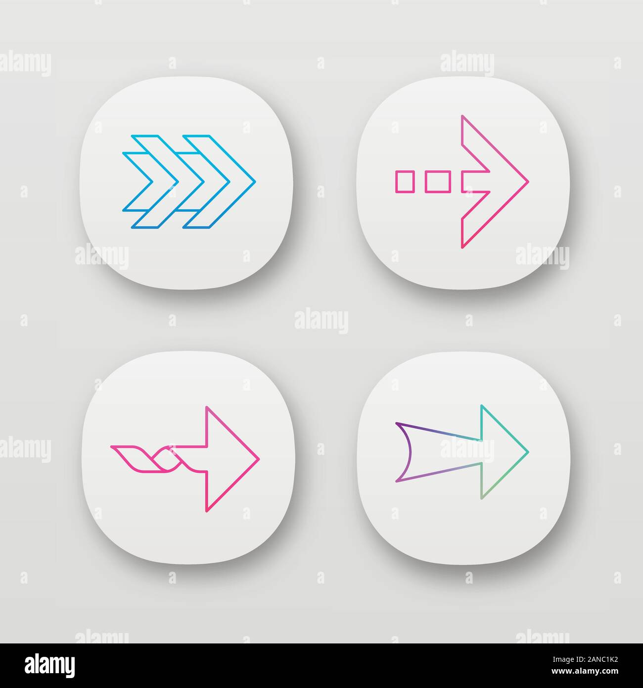 Arrows app icons set. Double, dotted, twisted, wide next arrows. Arrowhead showing right ...