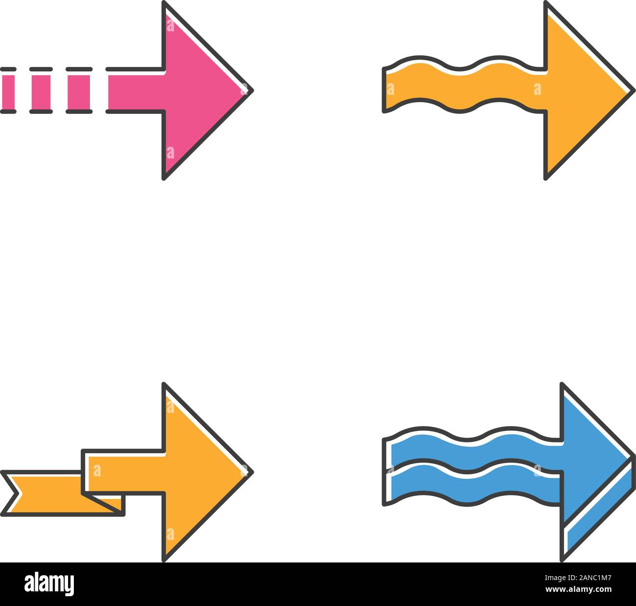 Forward arrows color icons set. Dotted, wavy, folding next, forward ...
