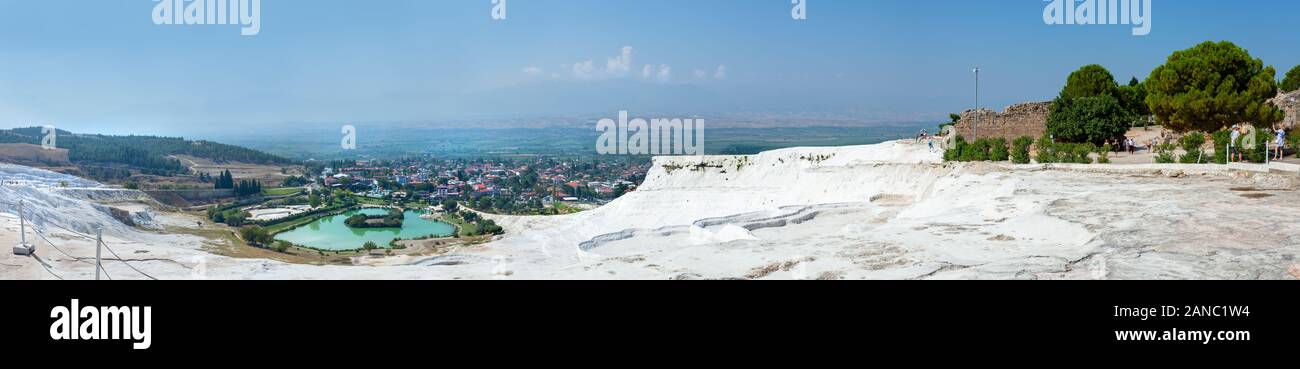 Panorama of the unique Pamukkale natural complex with white cliffs, an ...