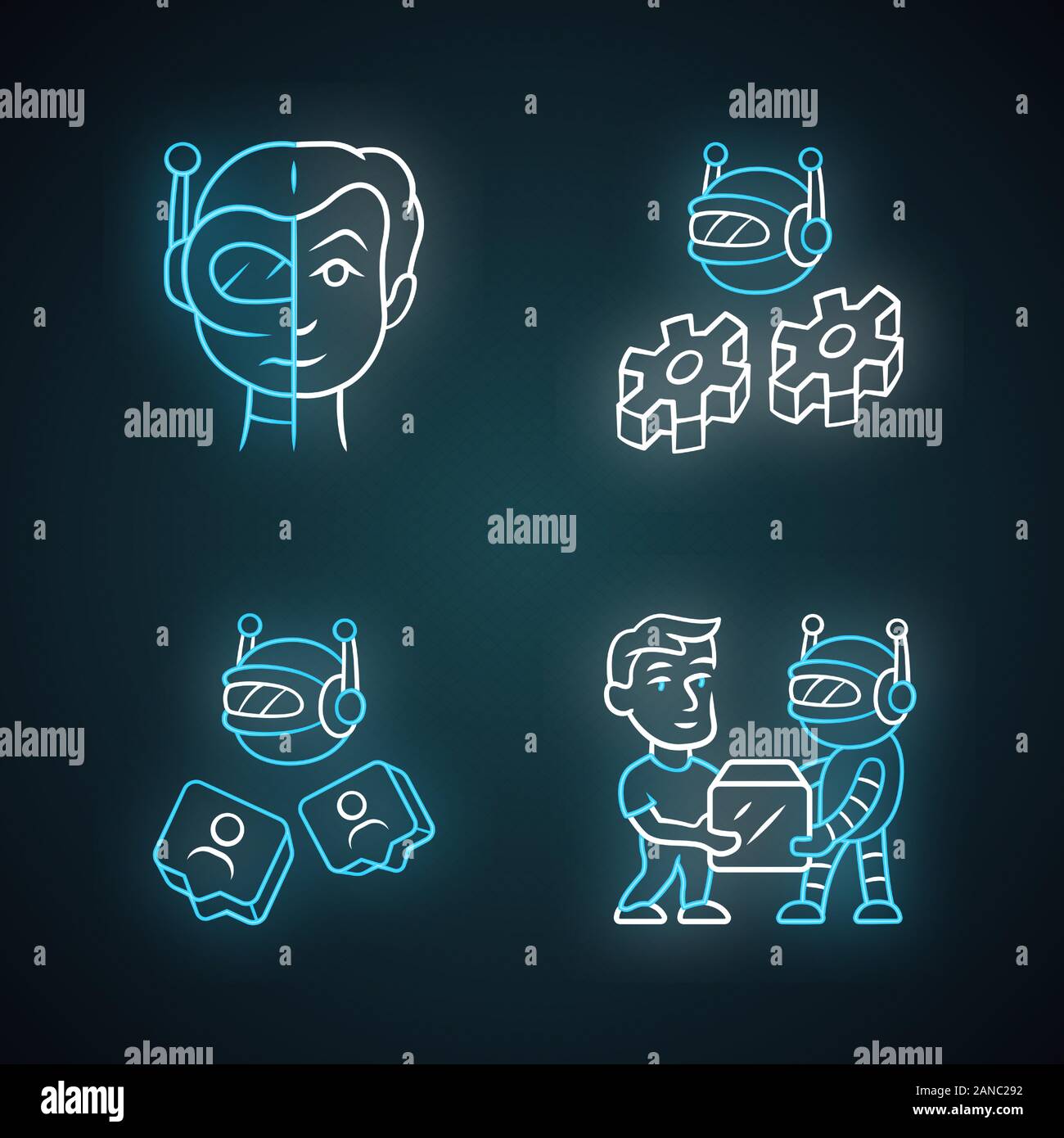 Software bot neon light icons set. Socialbot, transactional ...