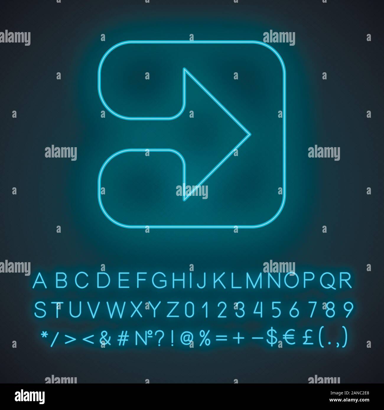 Arrow in square neon light icon. Play button. Forward indicator, right ...