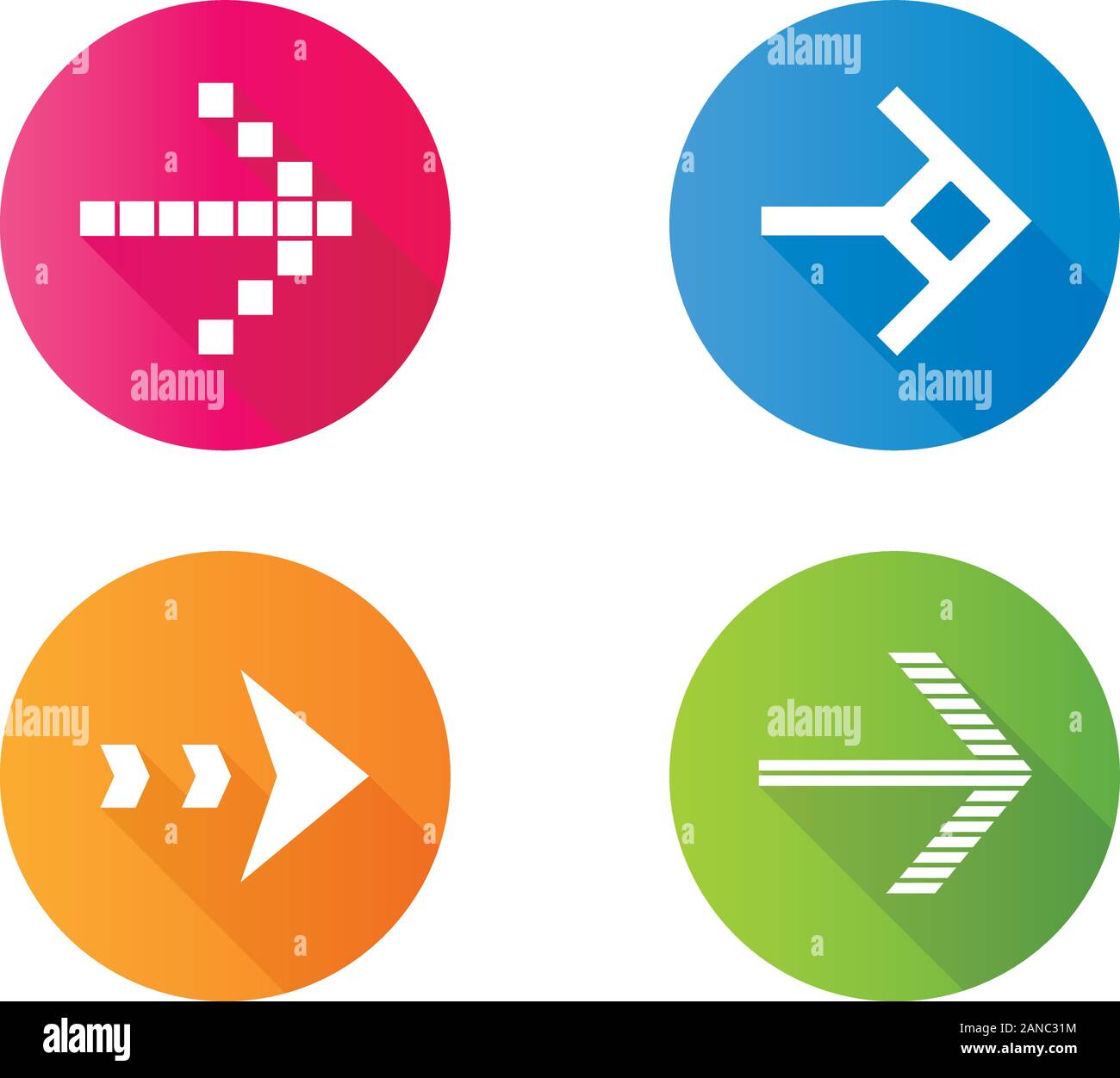 Arrow types flat design long shadow glyph icons set. Pixel, dashed next, forward arrow ...