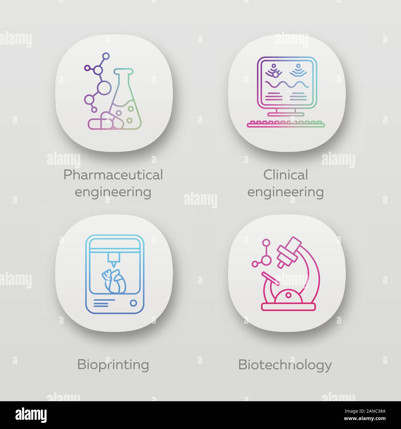 Bioengineering app icons set. Pharmaceutical and clinical engineering ...