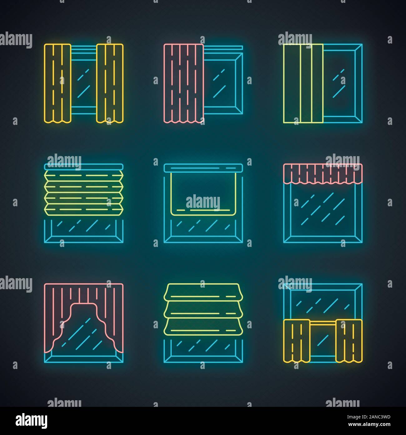 Window shutters neon light icons set. Roller, roman shades, panel ...