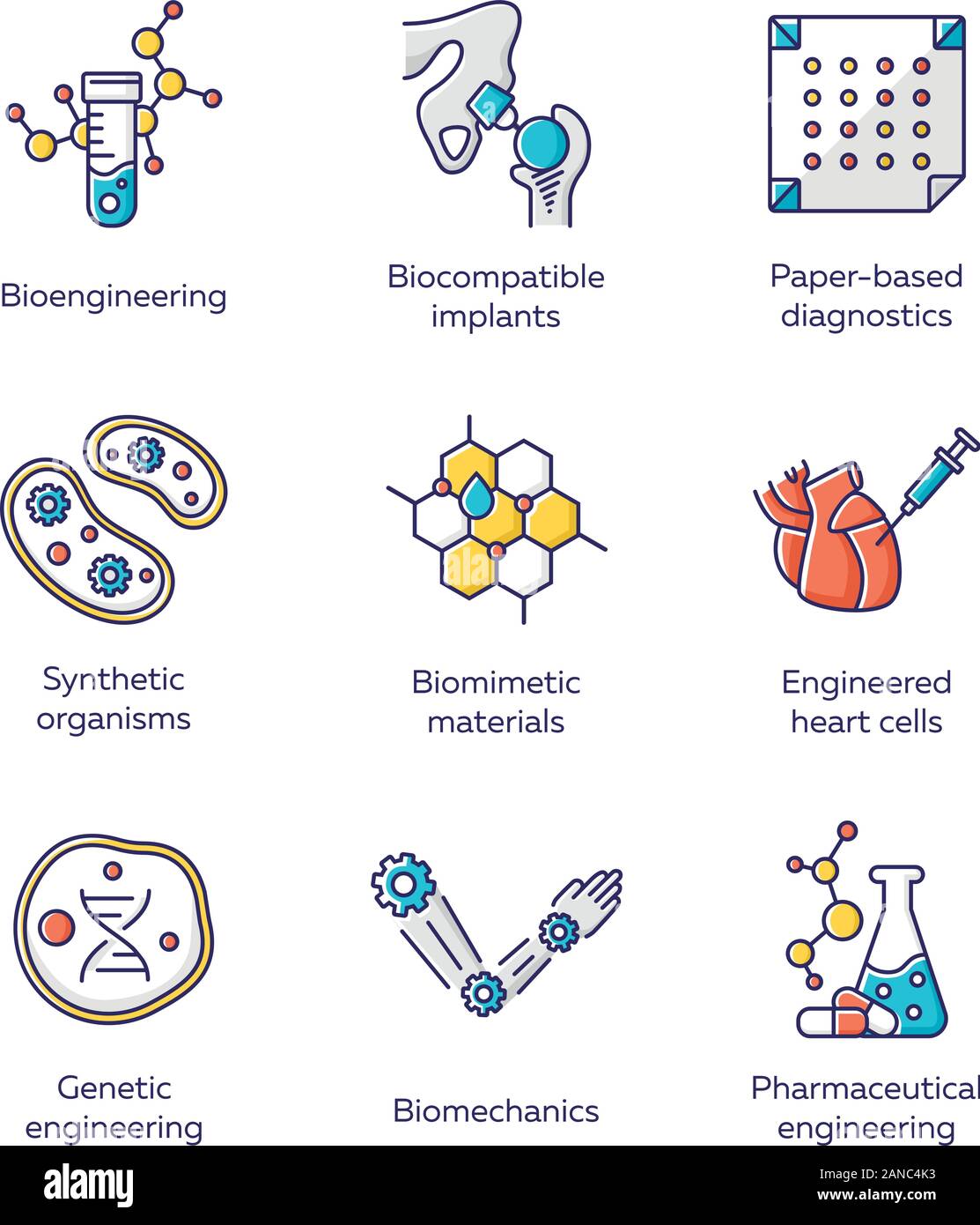 Bioengineering color icons set. Biotechnology for health, evolutionary ...