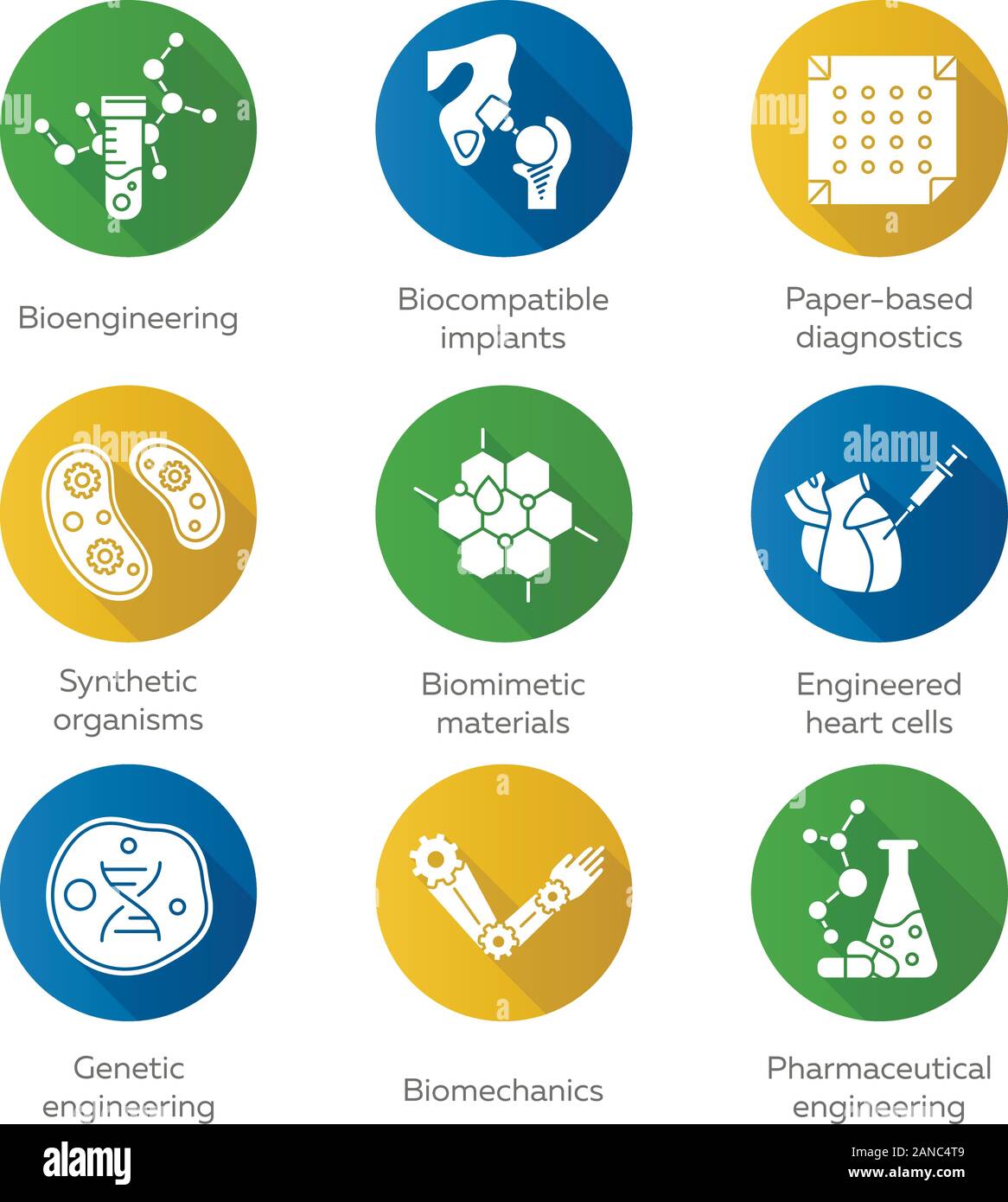 Bioengineering flat design long shadow glyph icons set. Biotechnology ...