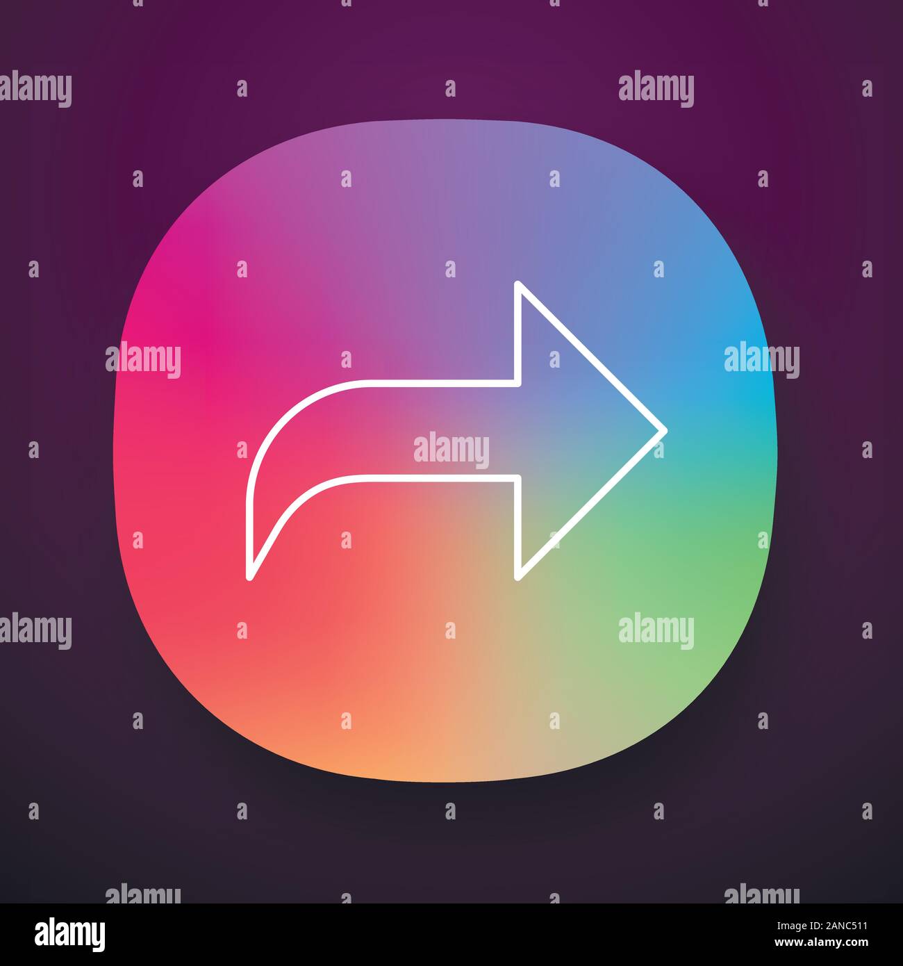 Right curved arrow app icon. Direction sign, forward curve. Bend arrow. Motion pointer ...