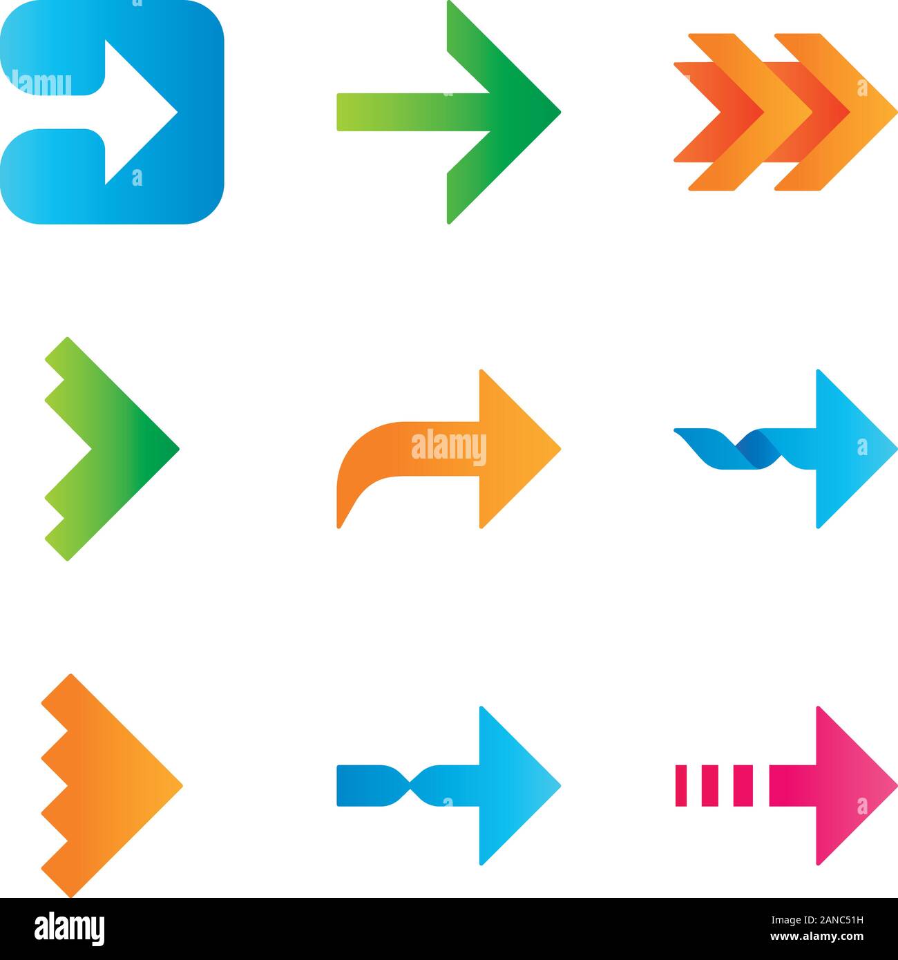 Right arrows flat design long shadow color icons set. Forward, curved ...