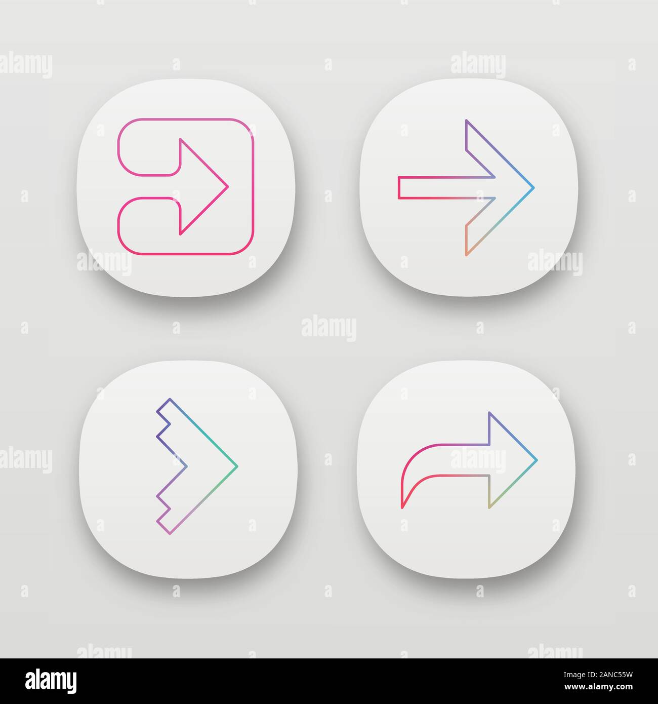 Arrow types app icons set. Forward, right, curved and geometric arrows ...