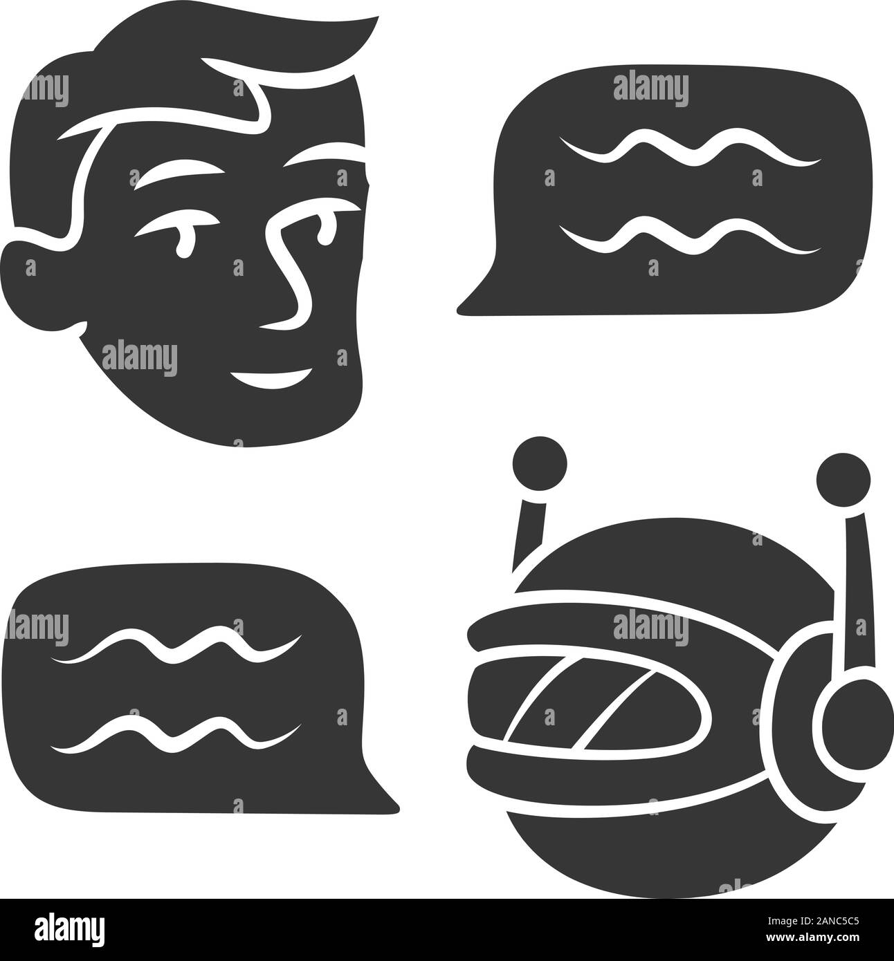 Chatbot glyph icon. Online customer support robot. Man chatting with ...