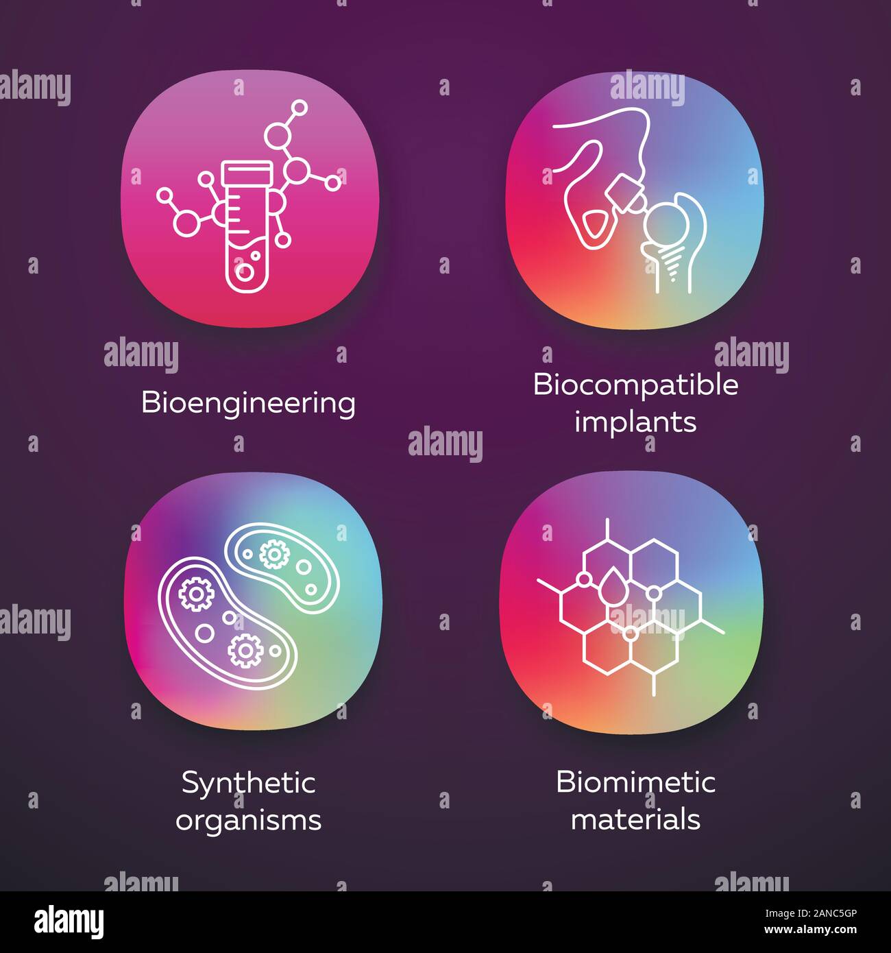 Bioengineering app icons set. Biotechnology. Biochemistry, GMO ...
