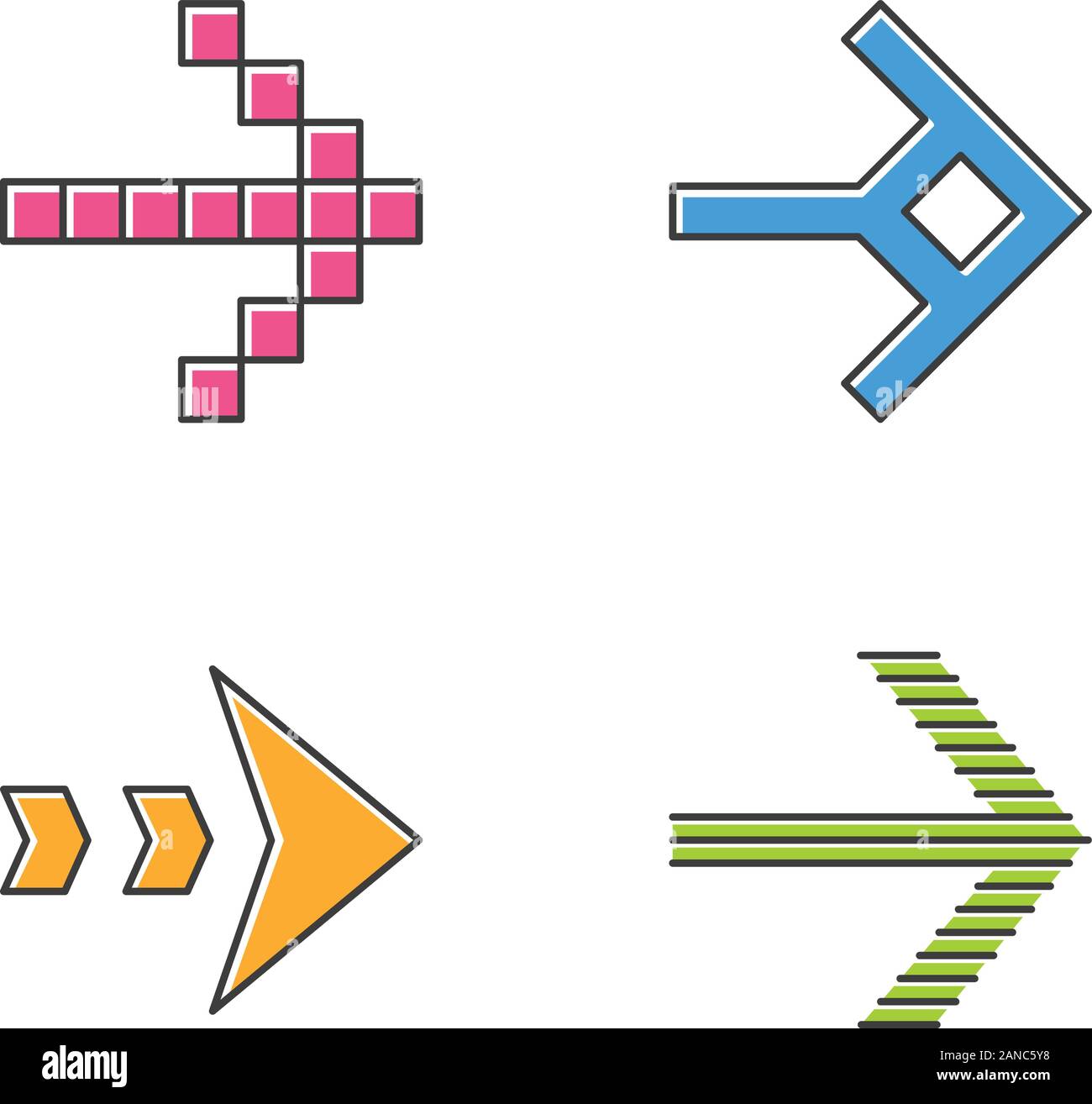 Arrow types color icons set. Pixel, shaped, dashed, striped next, forward arrow. Arrowhead ...