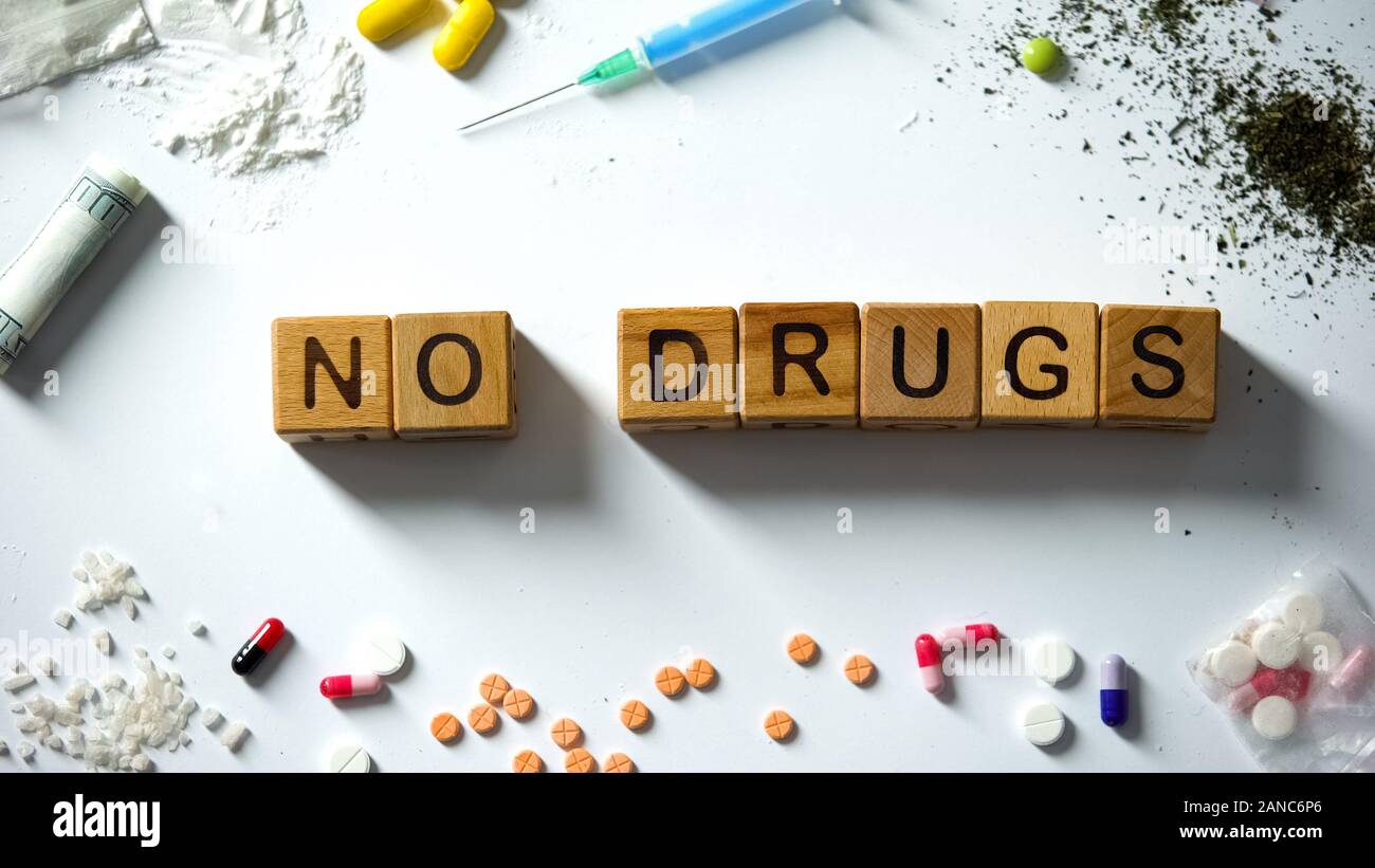 No drugs phrase on wooden cubes, abuse and addiction concept, social ...