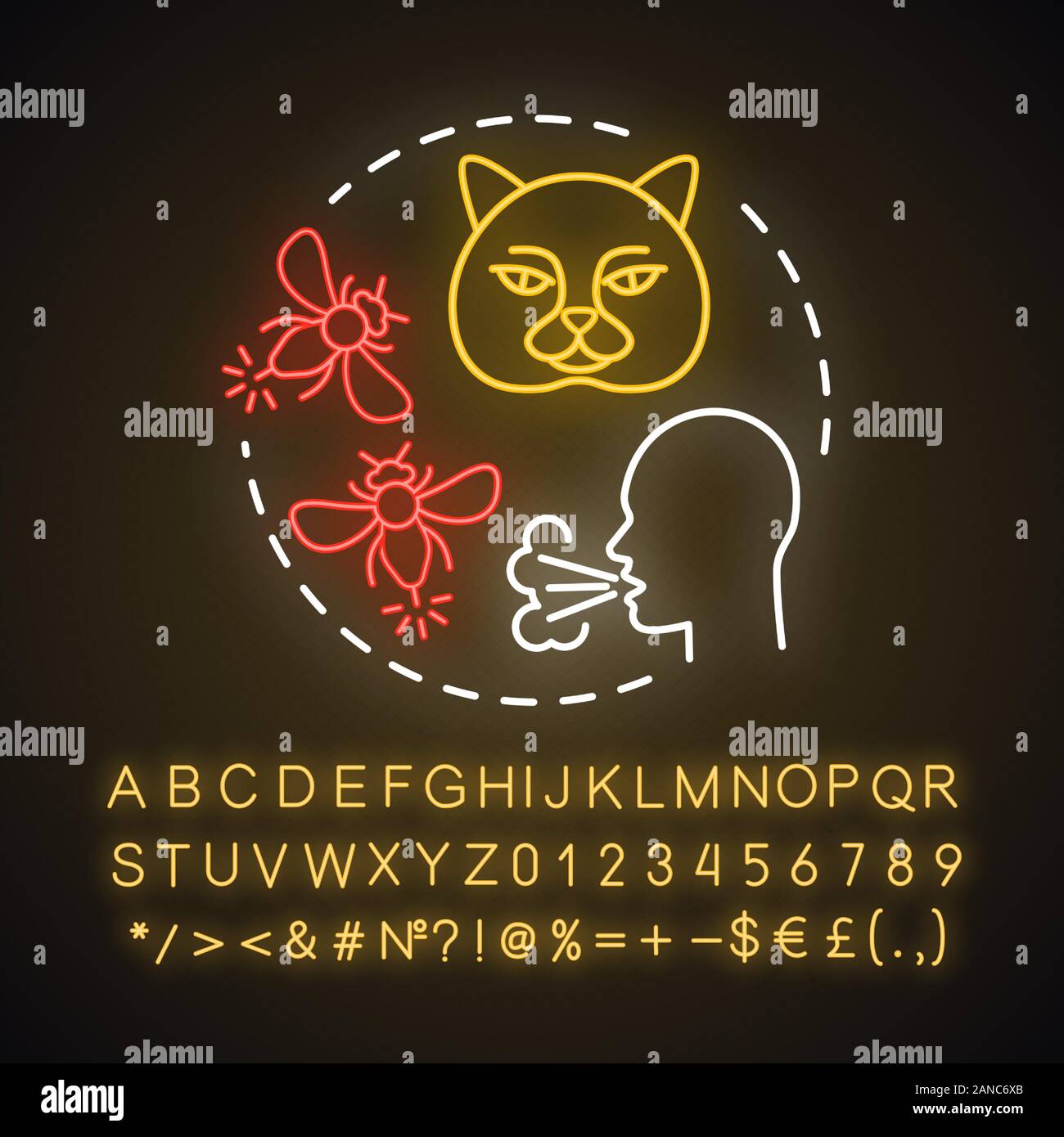 Animal allergy neon light concept icon. Allergic reaction to insect ...