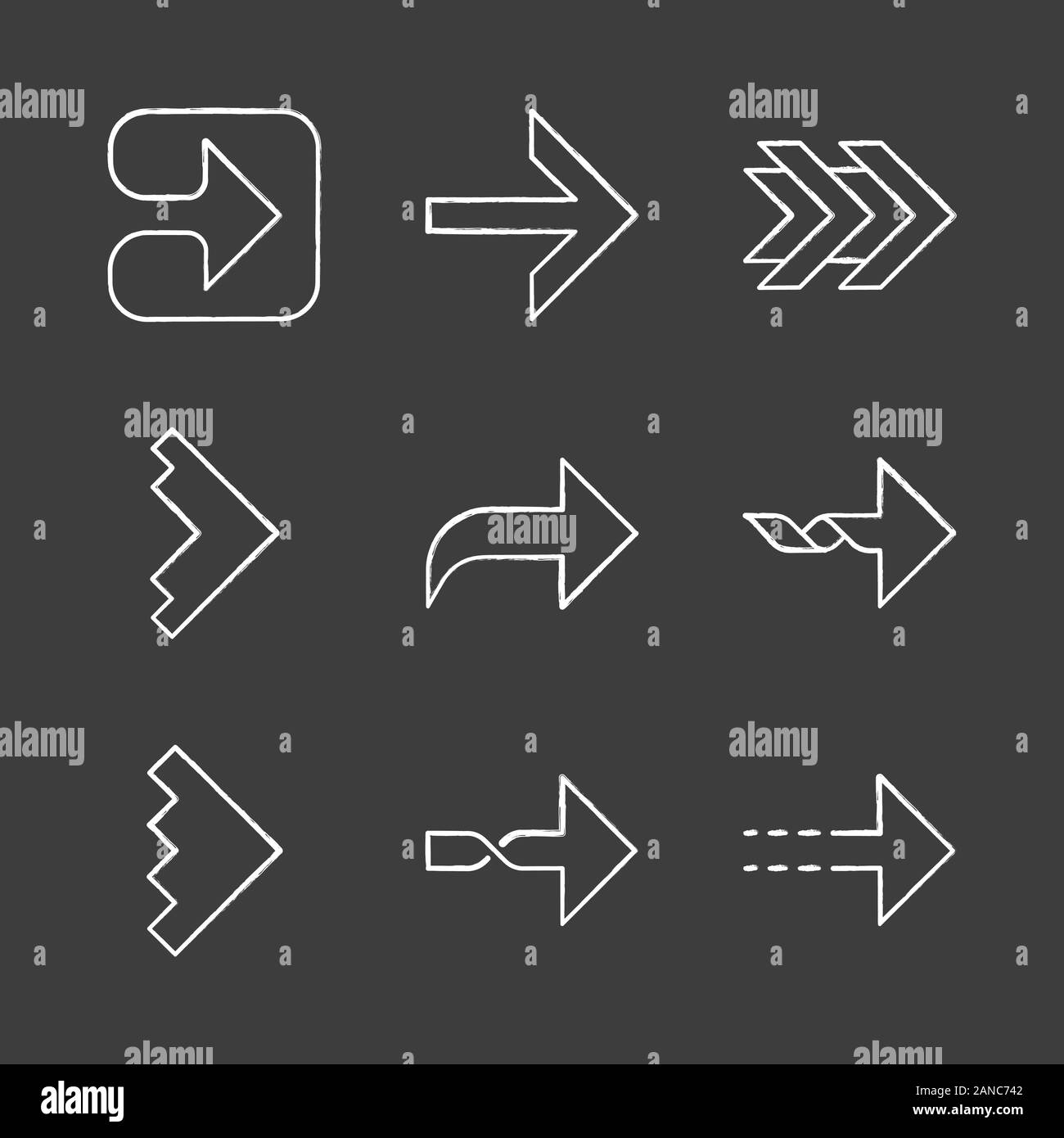 Right arrows chalk icons set. Forward, curved, dotted, twisted next ...