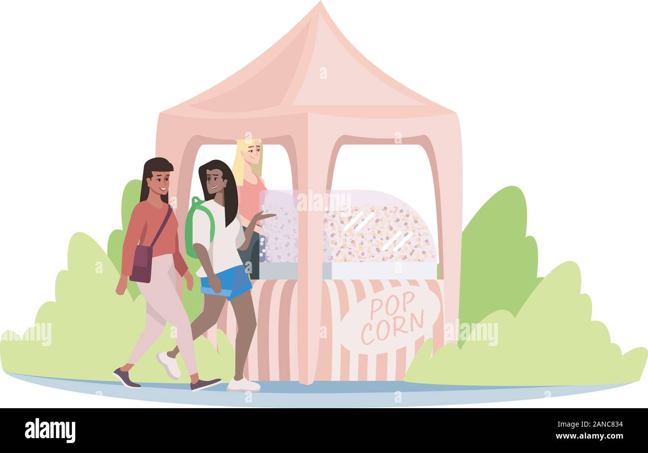 Fast food market stall with popcorn flat vector illustration. Popcorn ...
