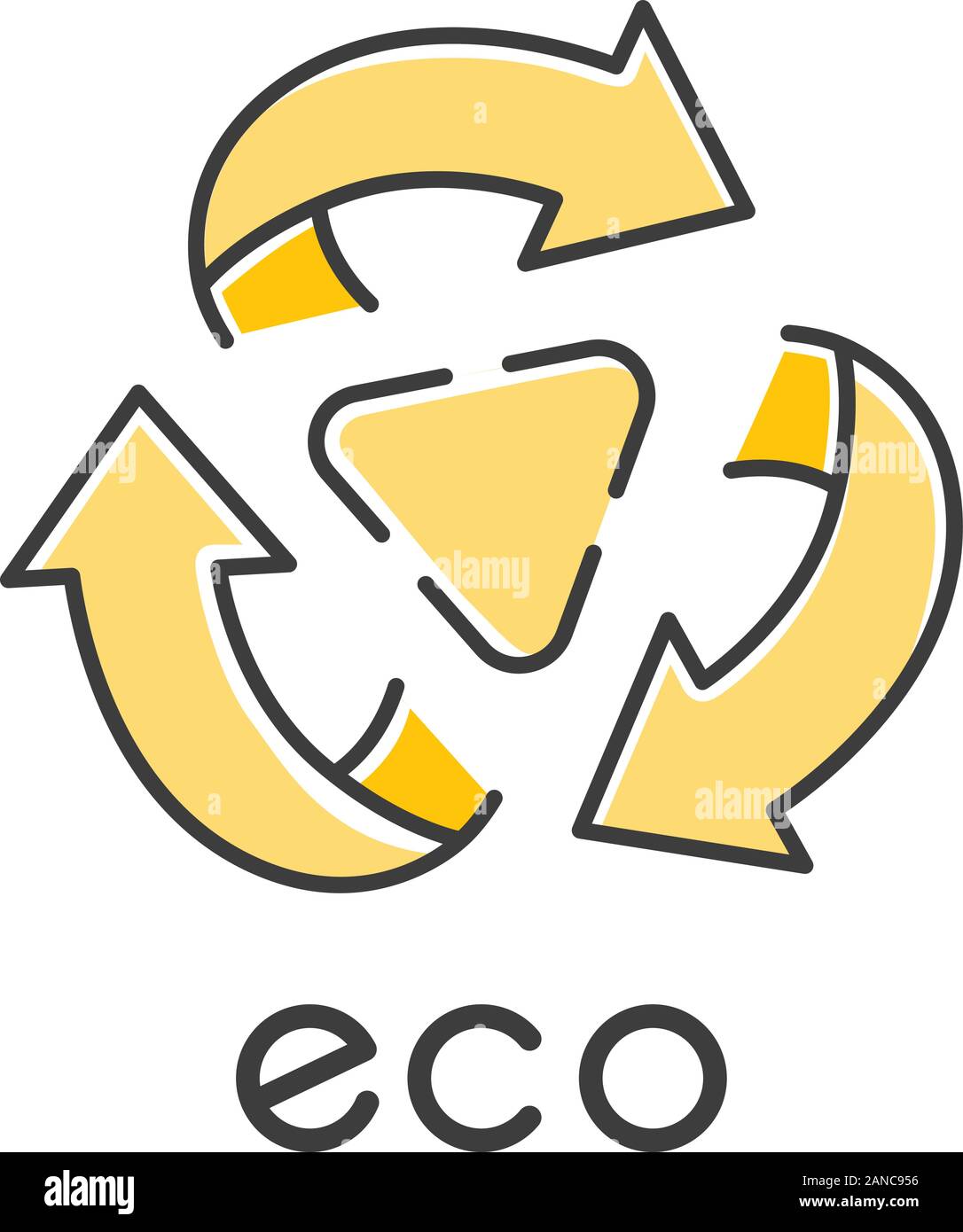 Eco label color icon. Three yellow rounded arrow signs with triangle in ...