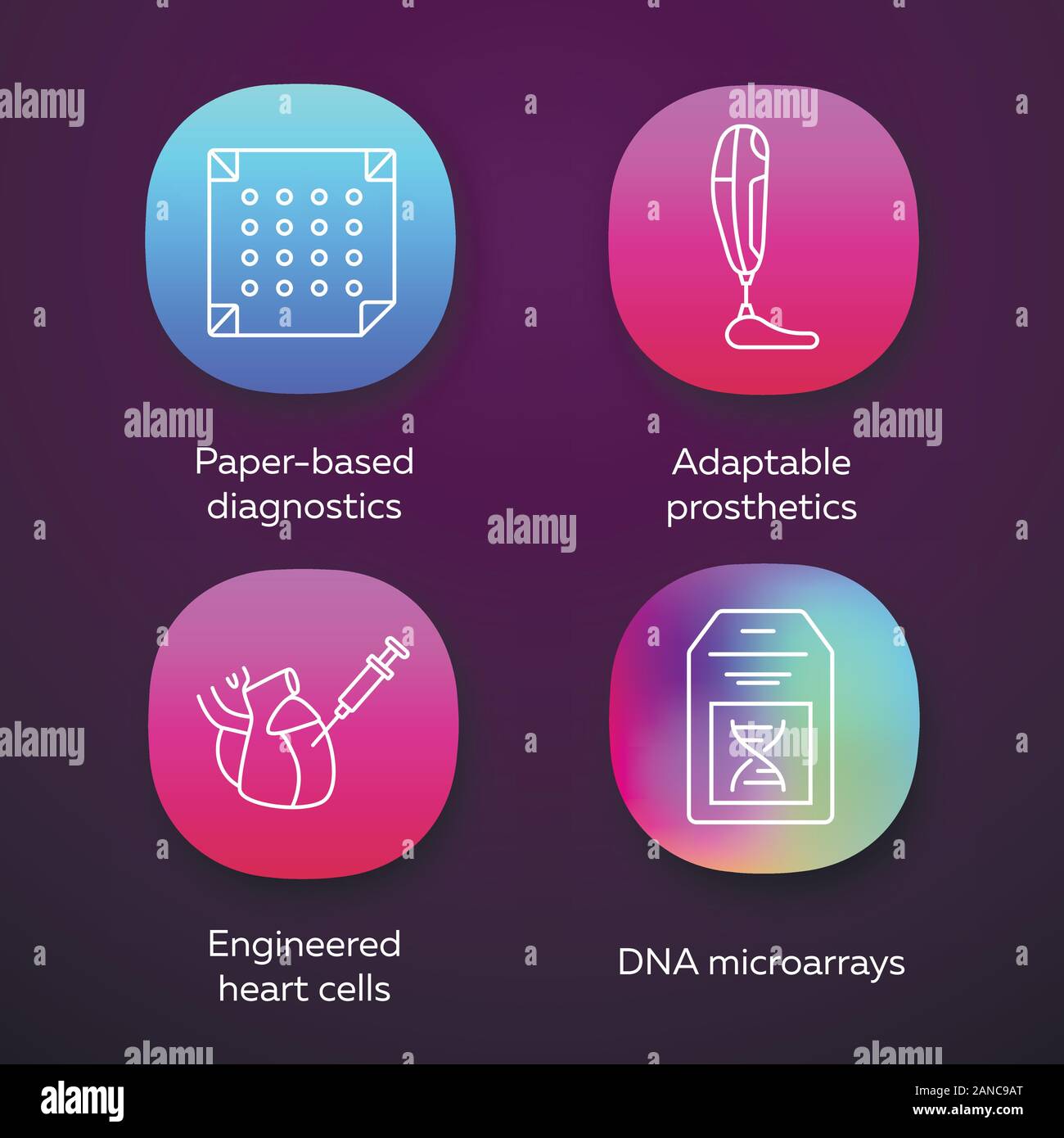 Bioengineering app icons set. Paper-based diagnostics, adaptable ...