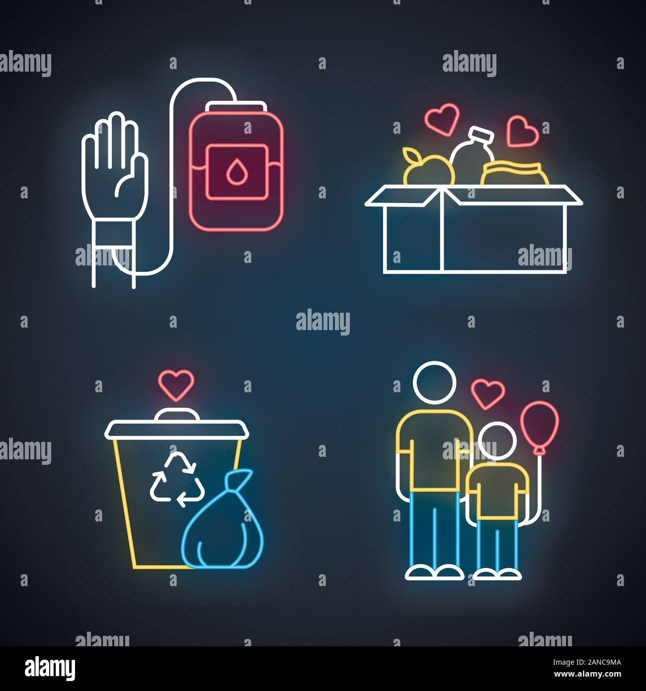 Volunteering neon light icons set. Altruistic activity. Blood and food ...