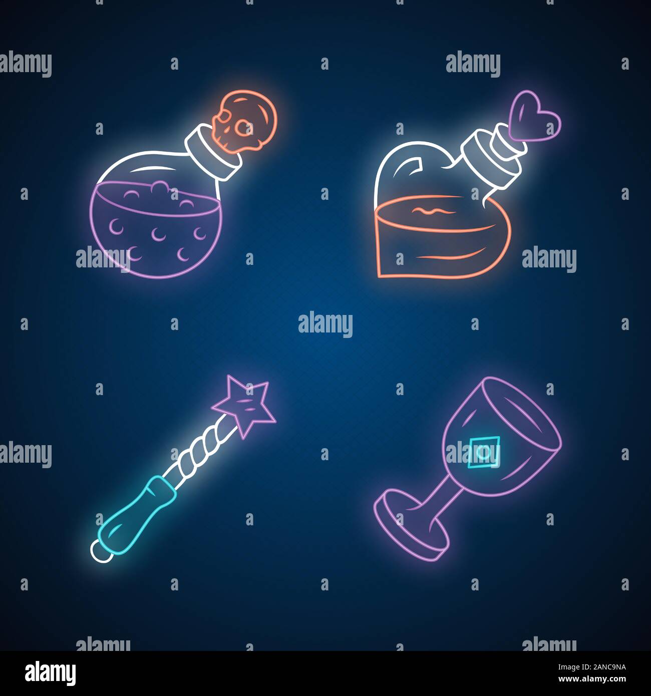 Magic neon light icons set. Magical death and love potions, witch wand ...