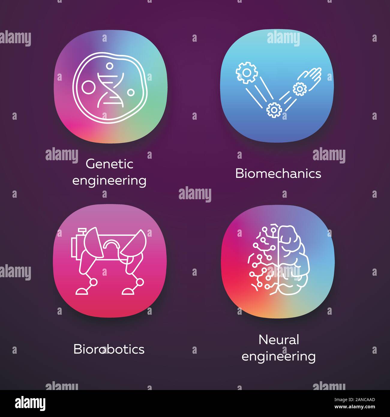 Bioengineering app icons set. Genetic engineering, biomechanics ...