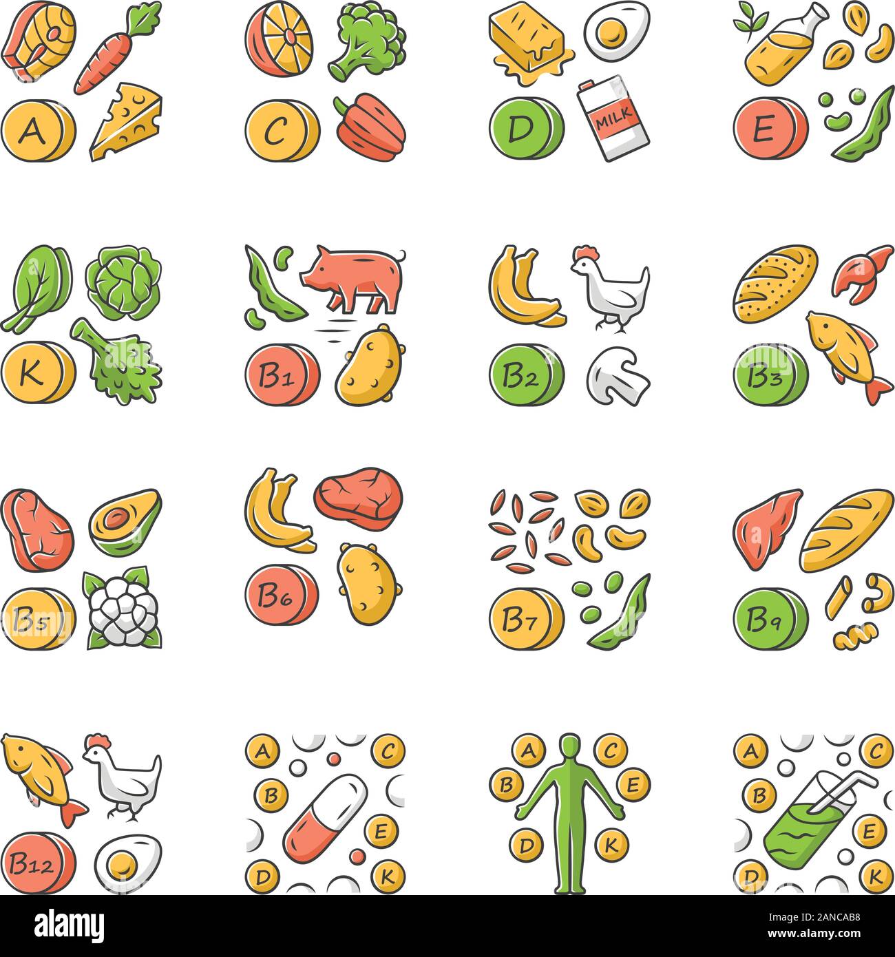 Vitamins color icons set. A, C, D, E, K, B natural food source. Vitamin ...
