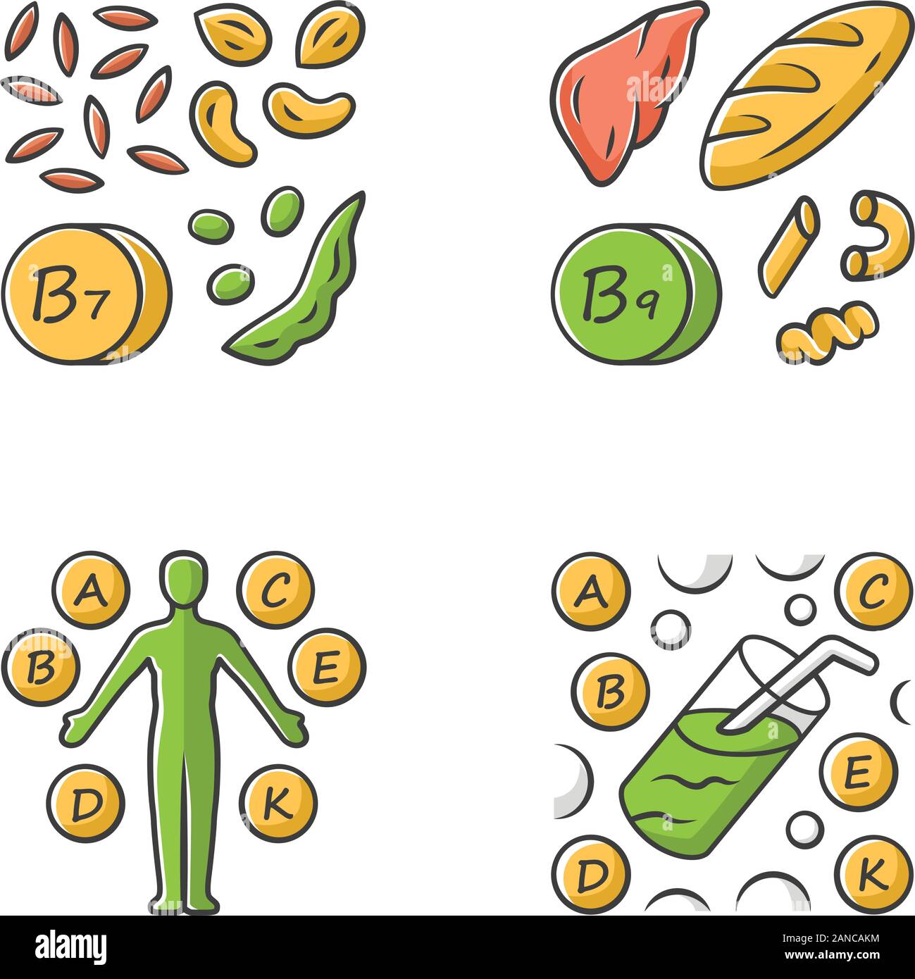 Vitamins color icons set. B1, B9 natural food source. Vitamin complex ...