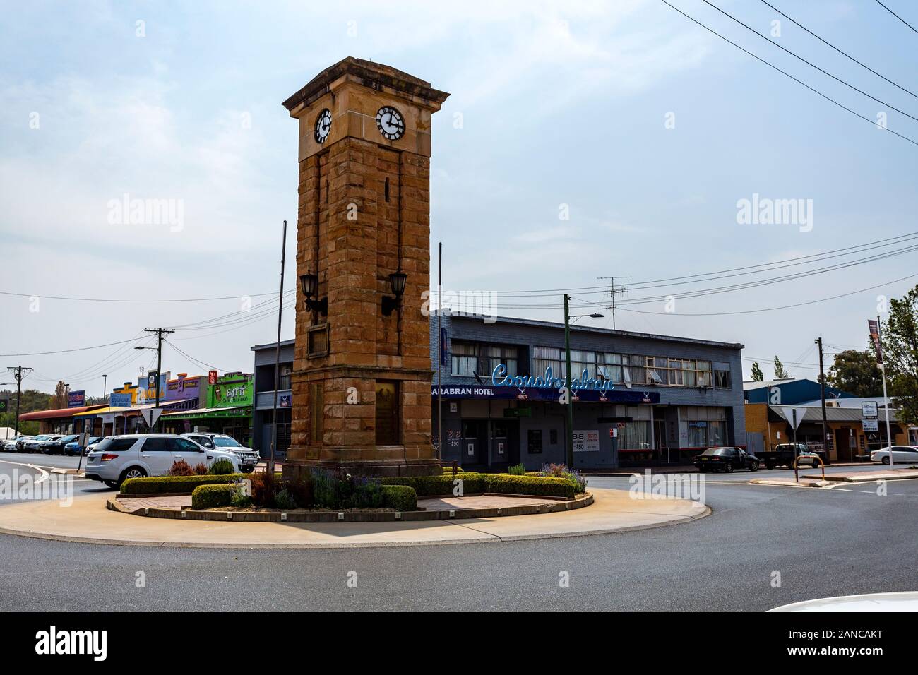 View of the War Memorial Clock Tower, made of sandstone and with a four ...