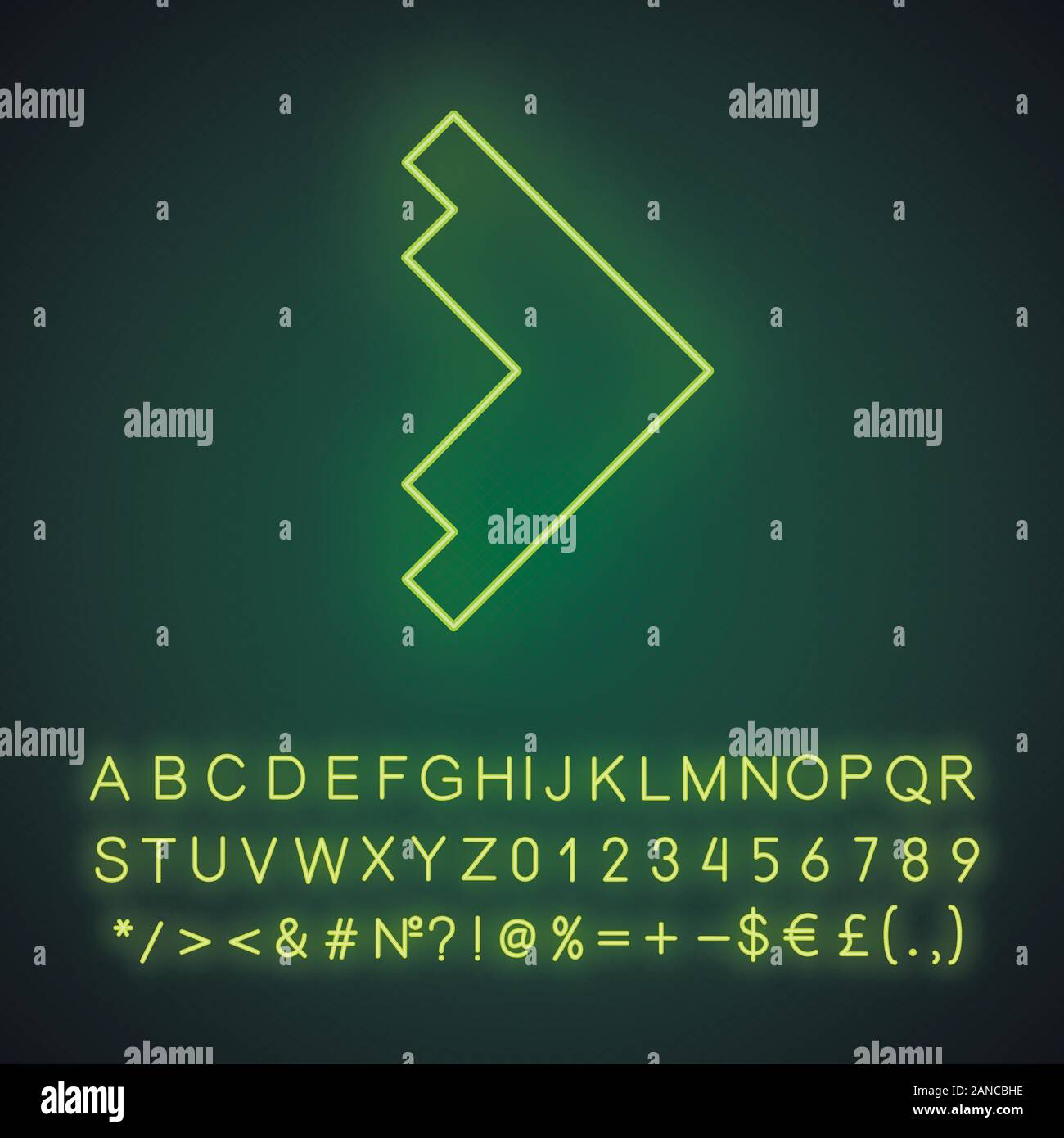 Right arrowhead neon light icon. Forward triangular arrow. Navigation pointer. Motion indicator ...