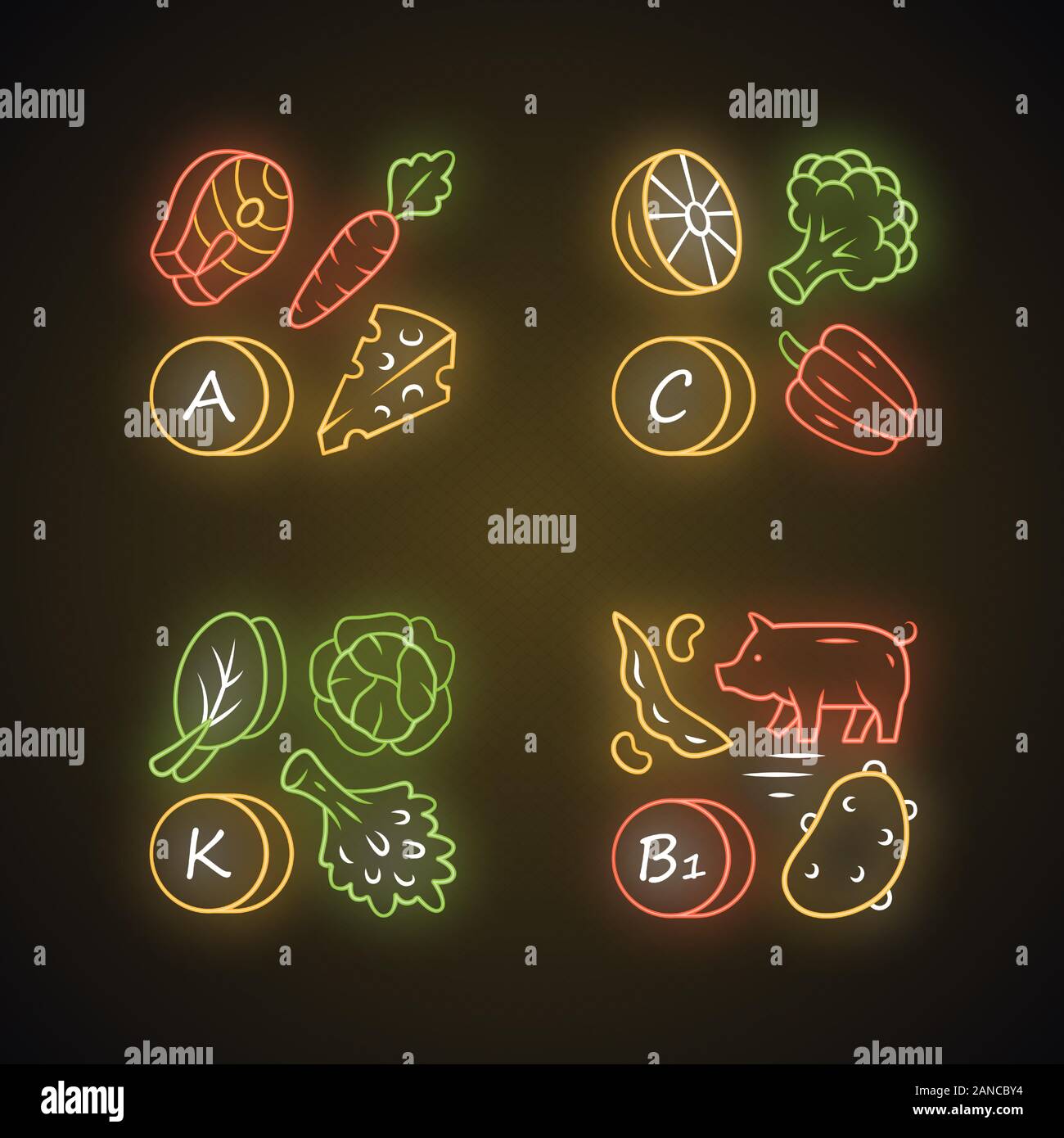Vitamins neon light icons set. A, C, B1, K vitamins natural food source ...