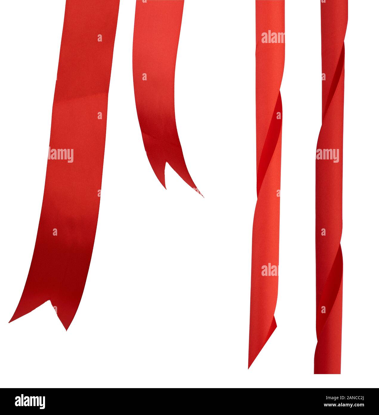 different ends of red silk ribbon isolated on white background, close ...