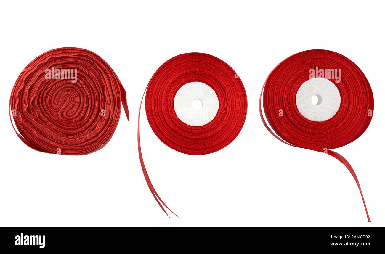 three coils with silk red ribbon isolated on white background, elements ...