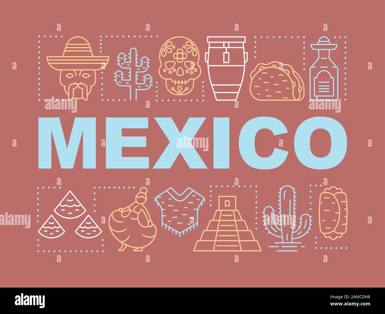 Mexico word concepts banner. Mexican attractions, food, music, clothes ...