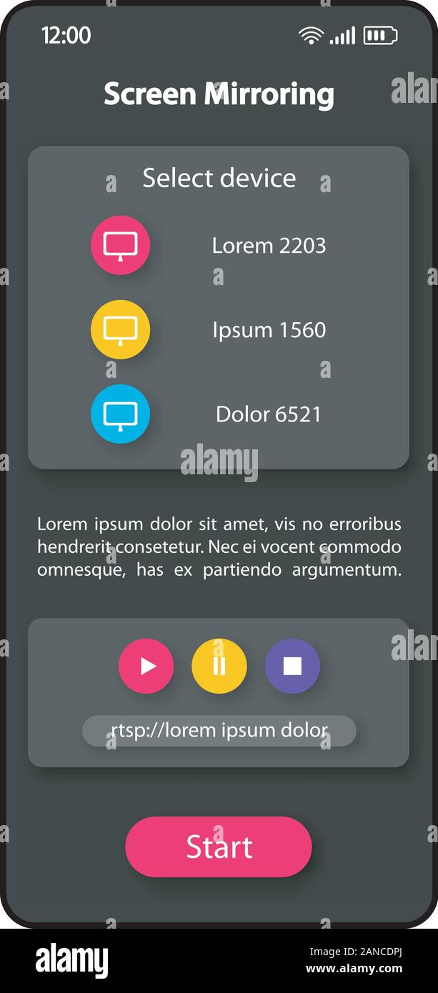 Screen mirroring tool smartphone interface vector template. Mobile app page color design layout ...