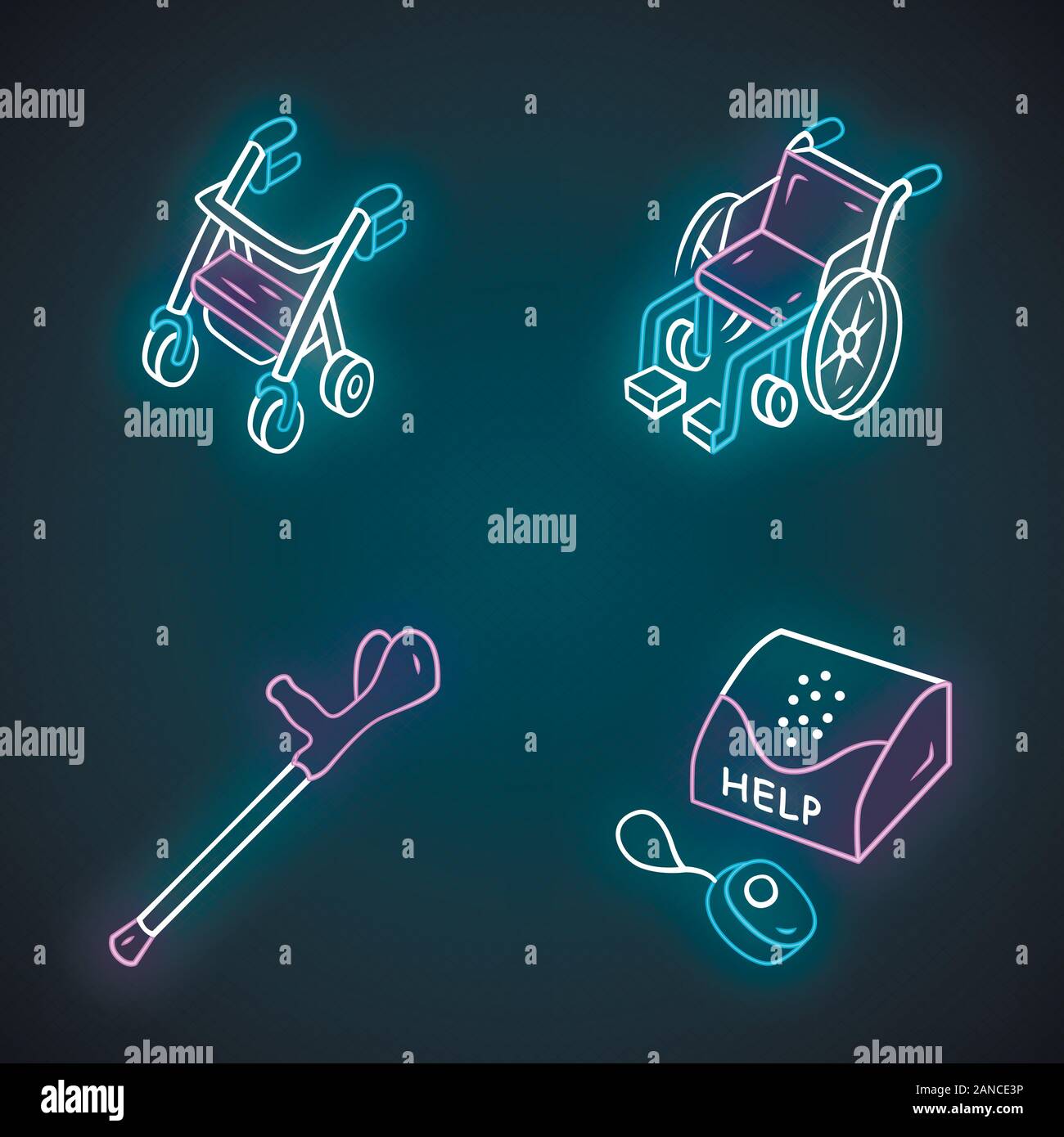 Disabled devices neon light icons set. Rollator, manual wheelchair ...