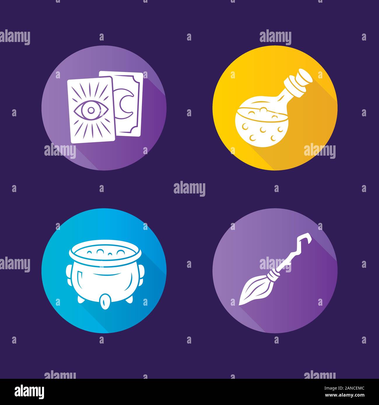 Magic flat design long shadow glyph icons set. Tarot cards, potion ...