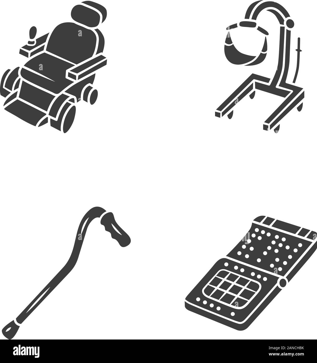 Disabled devices glyph icons set. Motorized wheelchair, patient lift ...