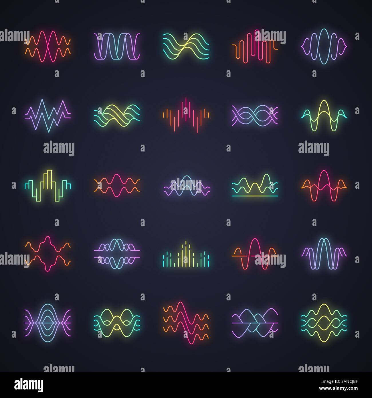 Sound and audio waves neon light icons set. Glowing signs. Music ...