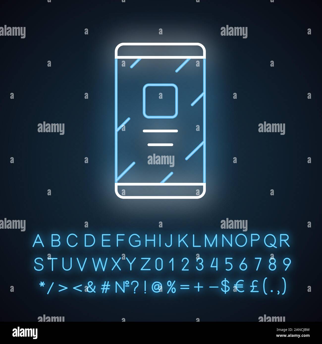 Mobile phone, cell phone neon light icon. Glowing sign with alphabet ...