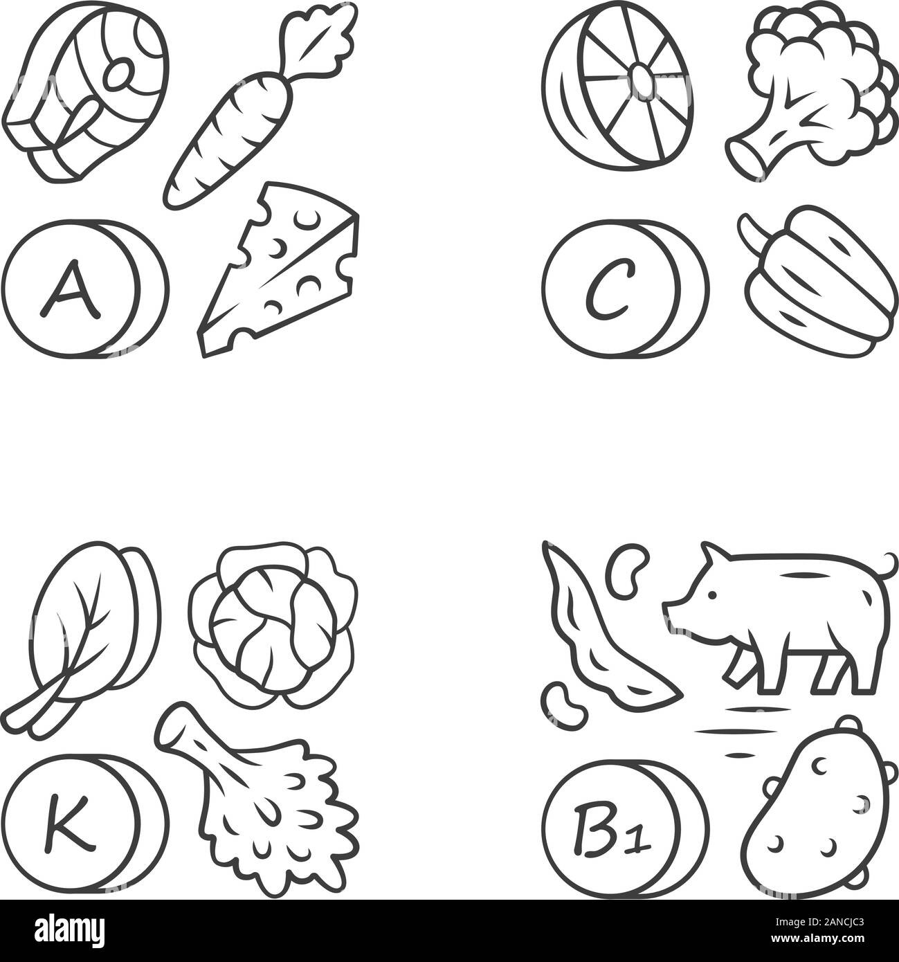 Vitamins linear icons set. A, C, B1, K vitamins natural food source ...