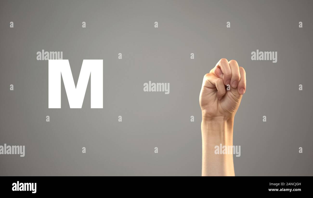 Letter M in sign language, hand on background, communication for deaf ...