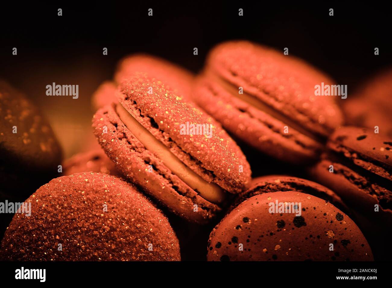 Abstract Delicious and beautiful macaroons on sale. Close up. Toned ...