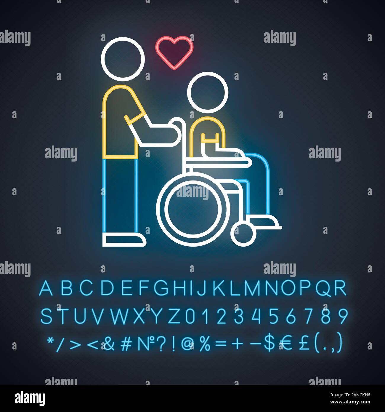 Disabled people help neon light icon. Volunteer disability persons ...