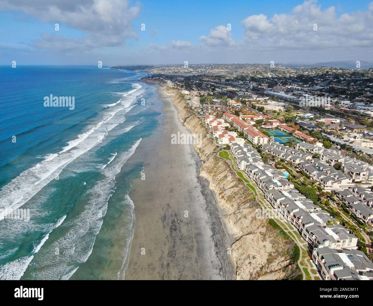 Aerial view of Del Mar North Beach, California coastal cliffs and House ...