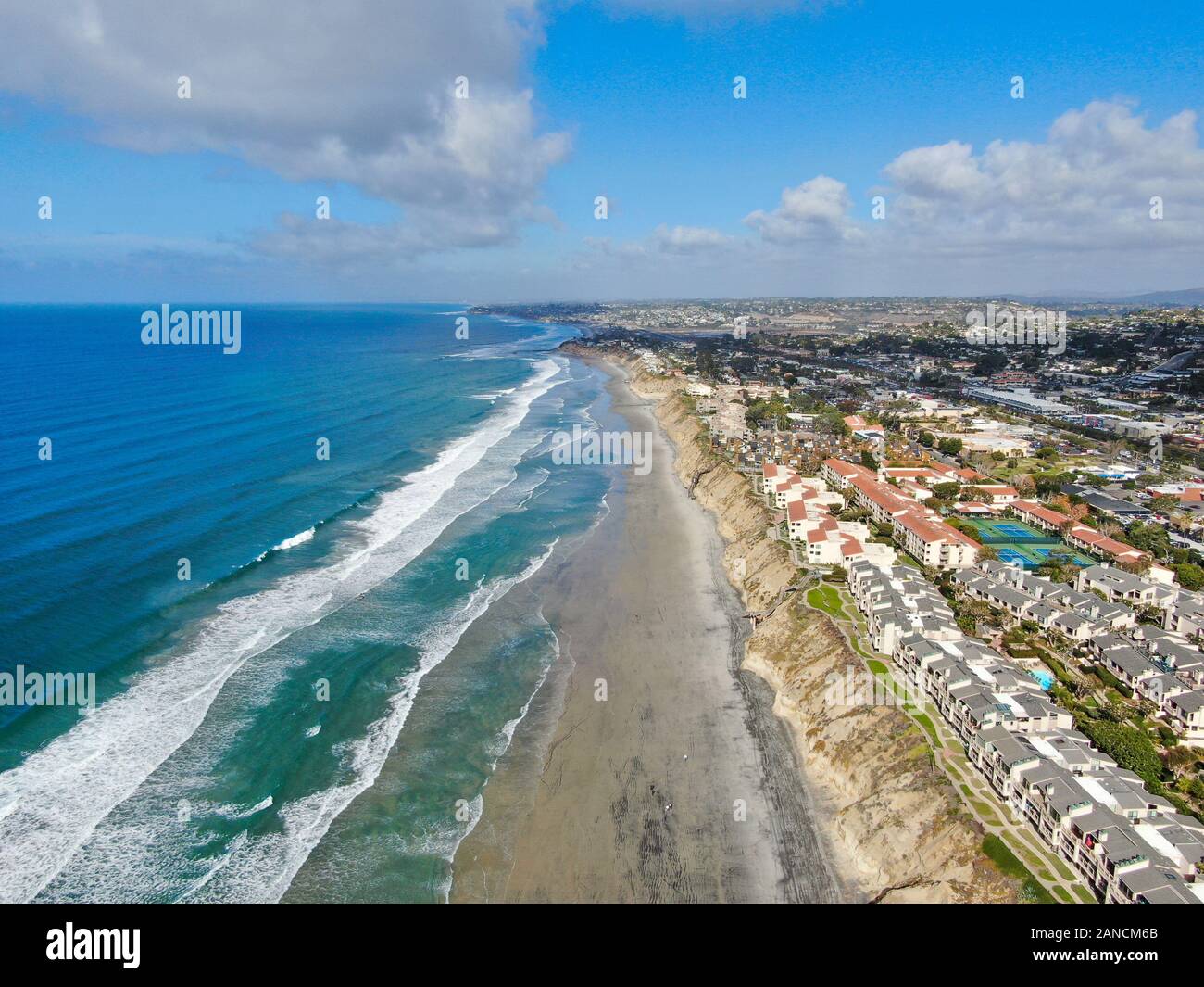 Aerial view of Del Mar North Beach, California coastal cliffs and House ...